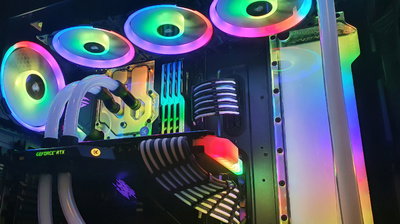 Lian Li O11 XL, custom loop, front distro plate, black & yellow » builds.gg